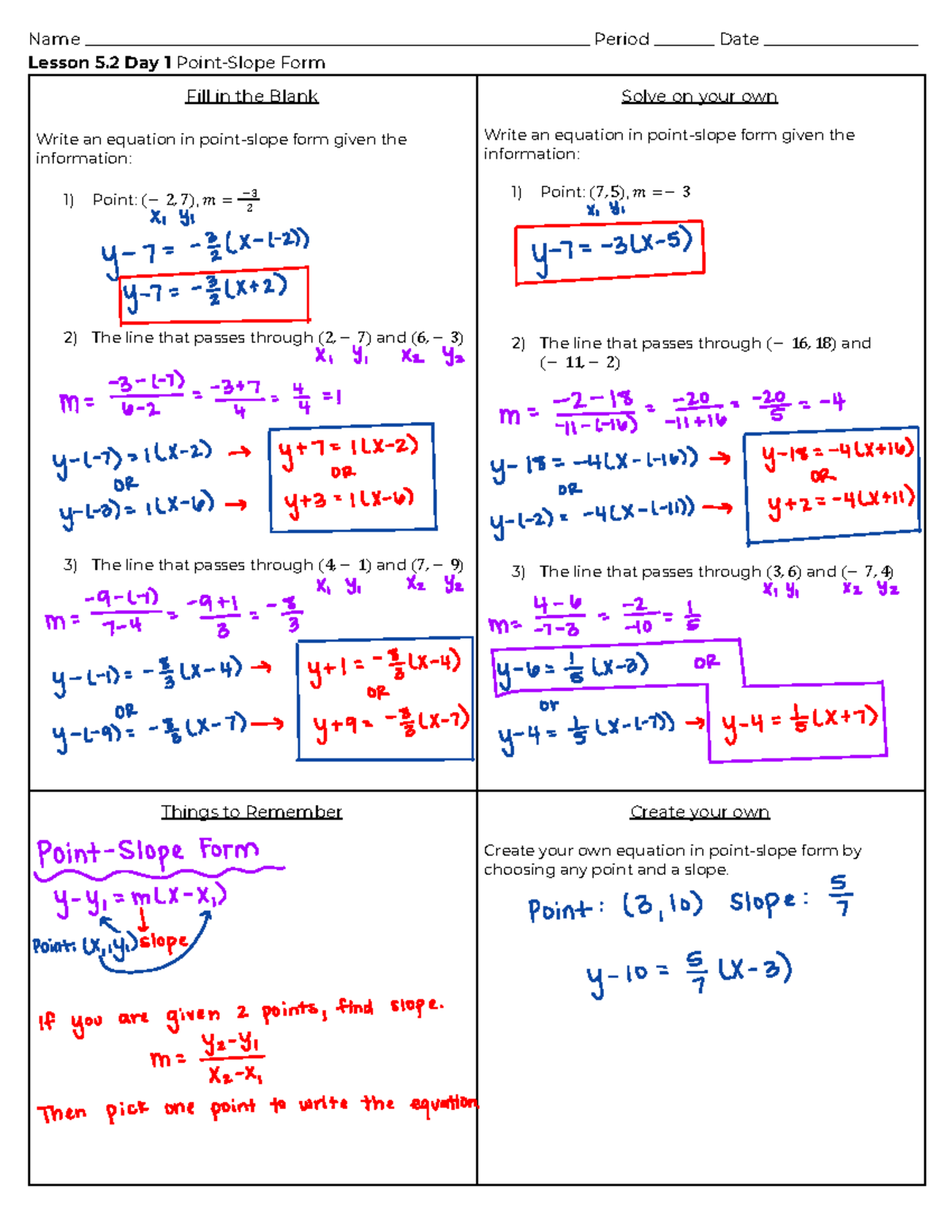 Math 101 - Lesson 5.2 Day 1: Point-Slope Form Exercises - Studocu