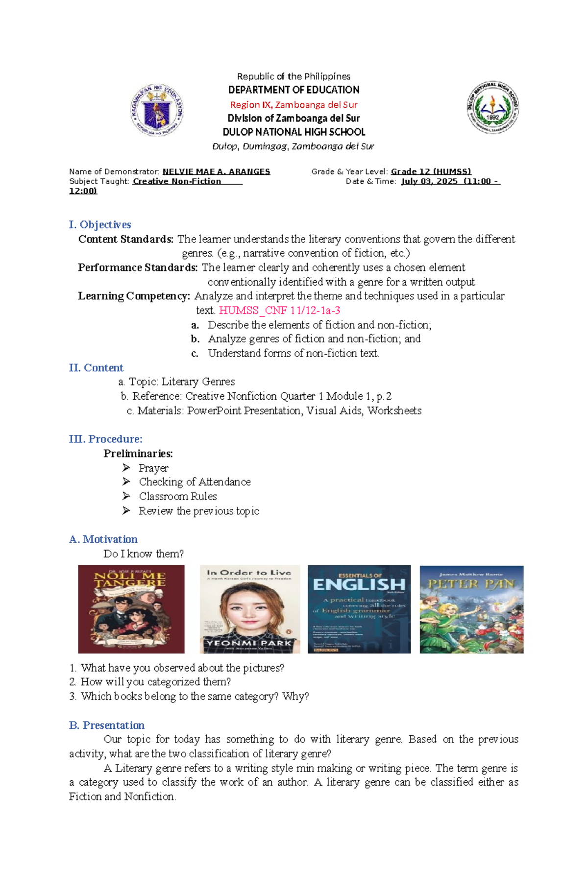 HUMSS_CNF Lesson Plan: Understanding Literary Genres in Creative ...