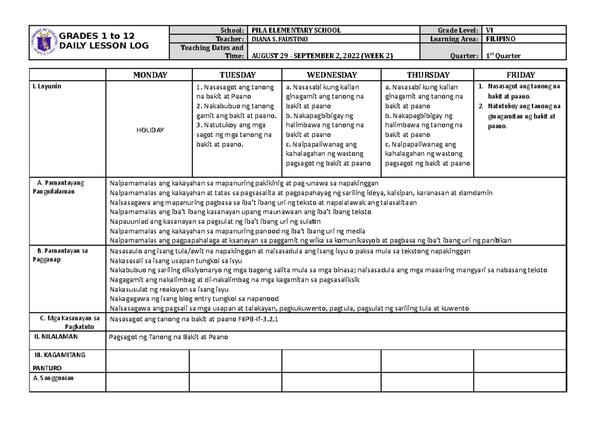 Q1-w2-fil6 - DDD - GRADES 1 to 12 DAILY LESSON LOG School: PILA ...