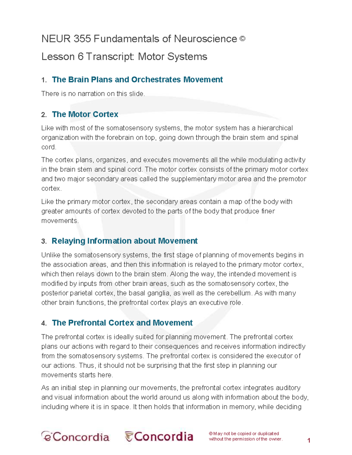 NEUR 355 Fundamentals of Neuroscience Lesson 6: Motor Systems Overview ...