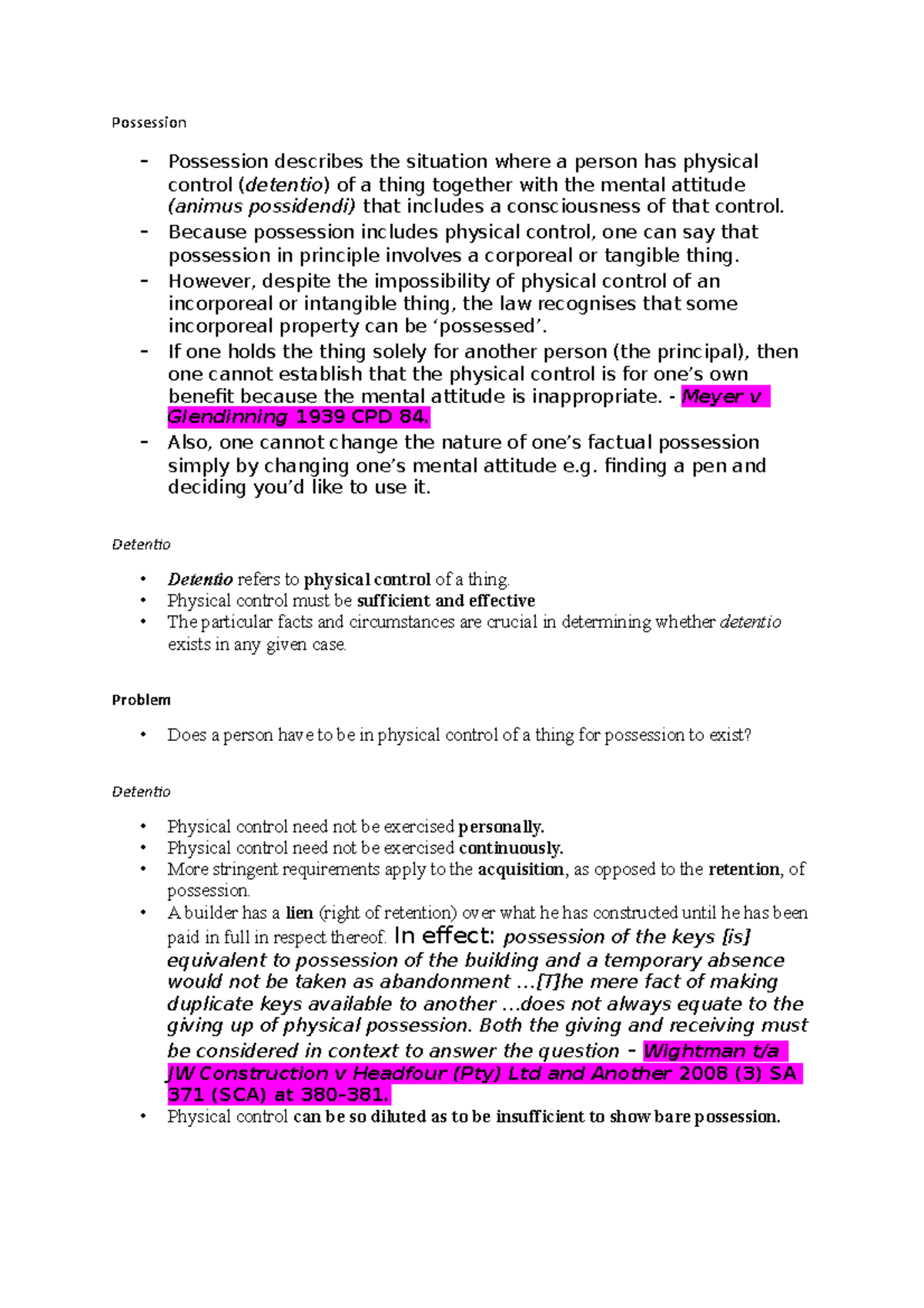 Possession 1 - Lecture Notes on Detentio and Legal Concepts - Studocu