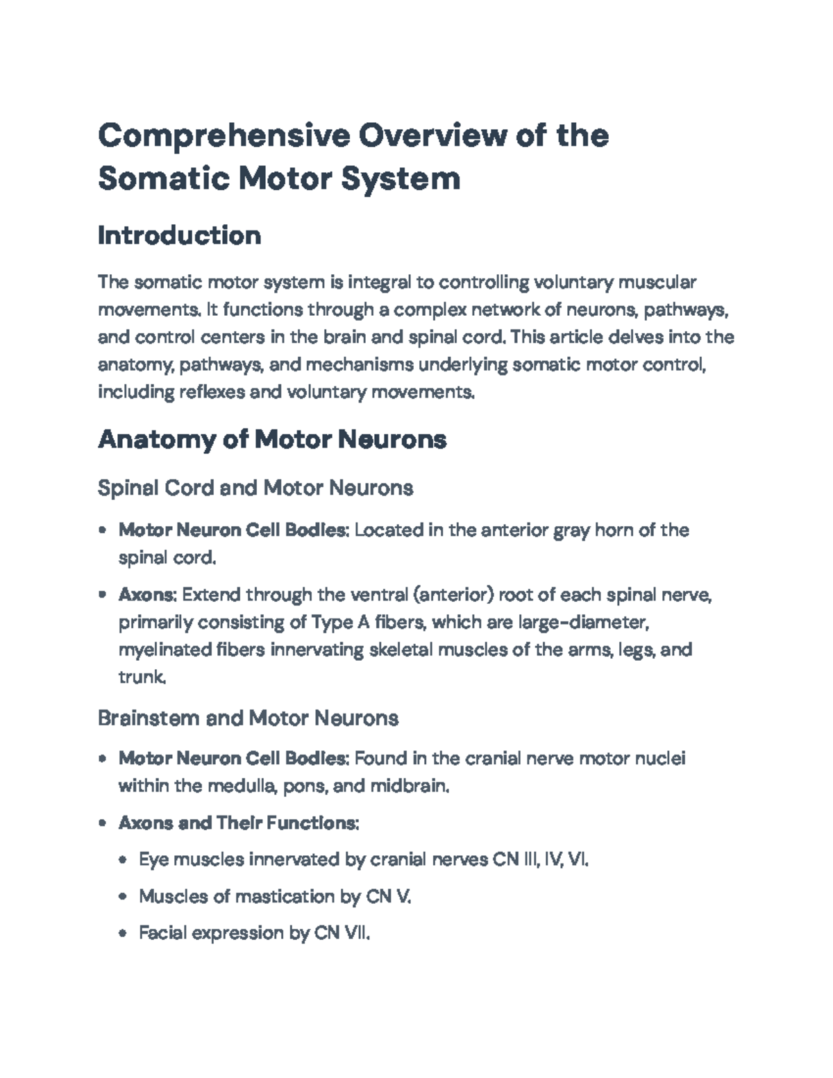 Comprehensive Overview of the Somatic Motor System (BIO101 ...