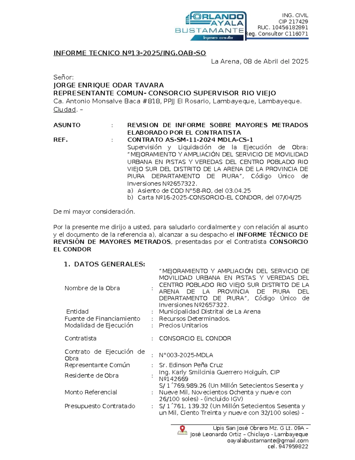 Informe Técnico de Conformidad Adicional de Obra - CIP 217429 - Studocu