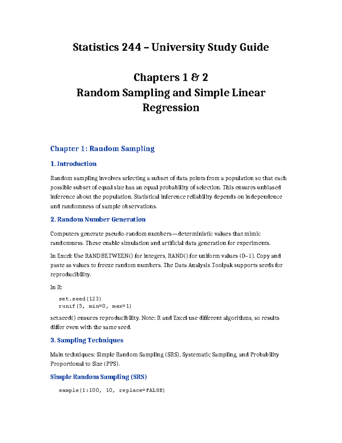 Statistics 244 Study Guide: Chapters 1-2 on Random Sampling ...