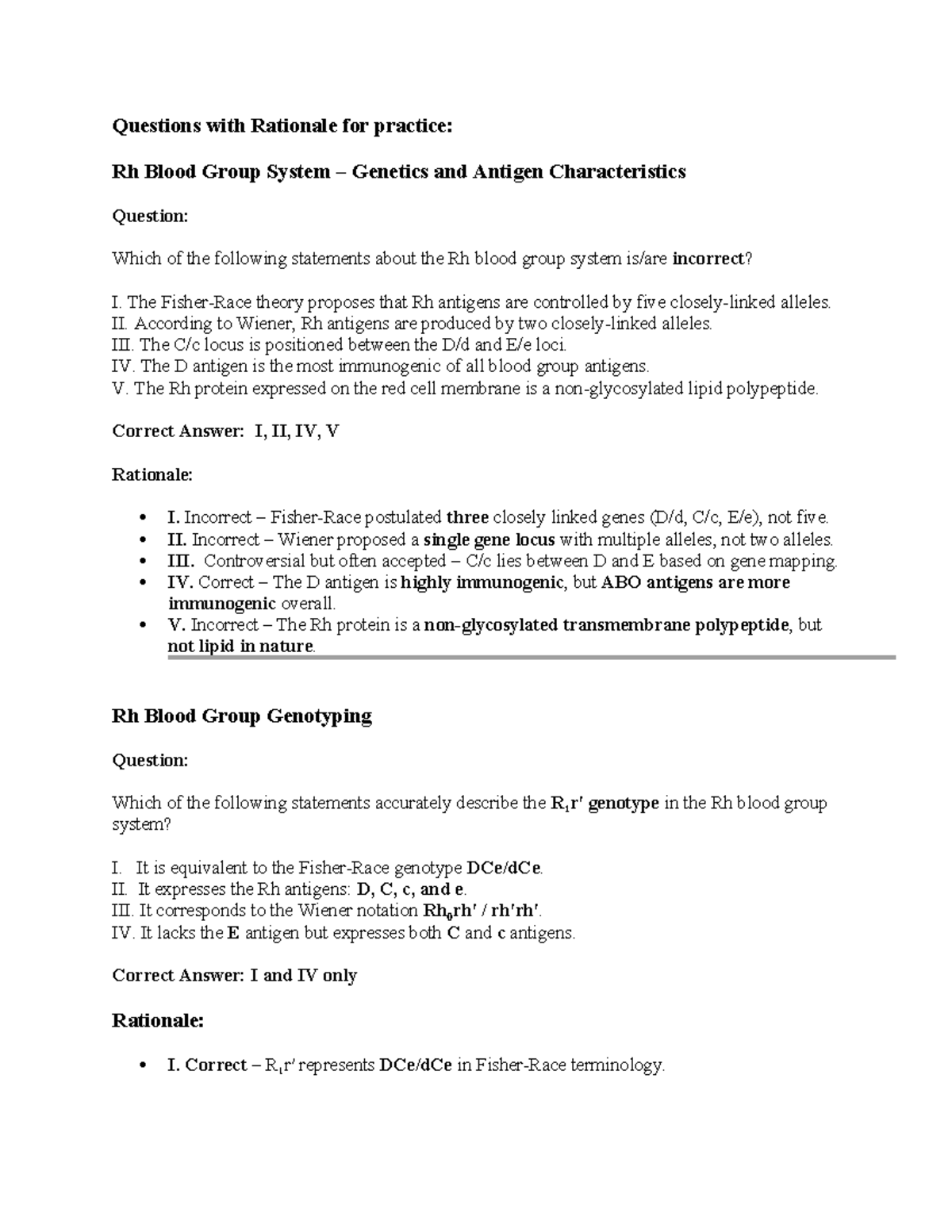 Rh Blood Group System Genetics: Practice Questions & Rationale - Studocu