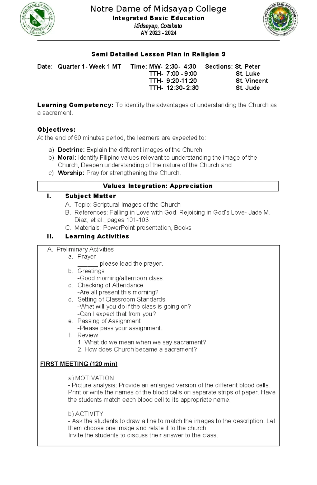 Semi-Detailed Lesson Plan in Religion 9: Scriptural Images of the ...