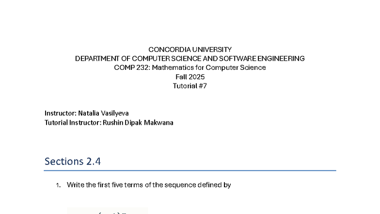 COMP 232: Mathematics for Computer Science - Tutorial #7 Practice - Studocu