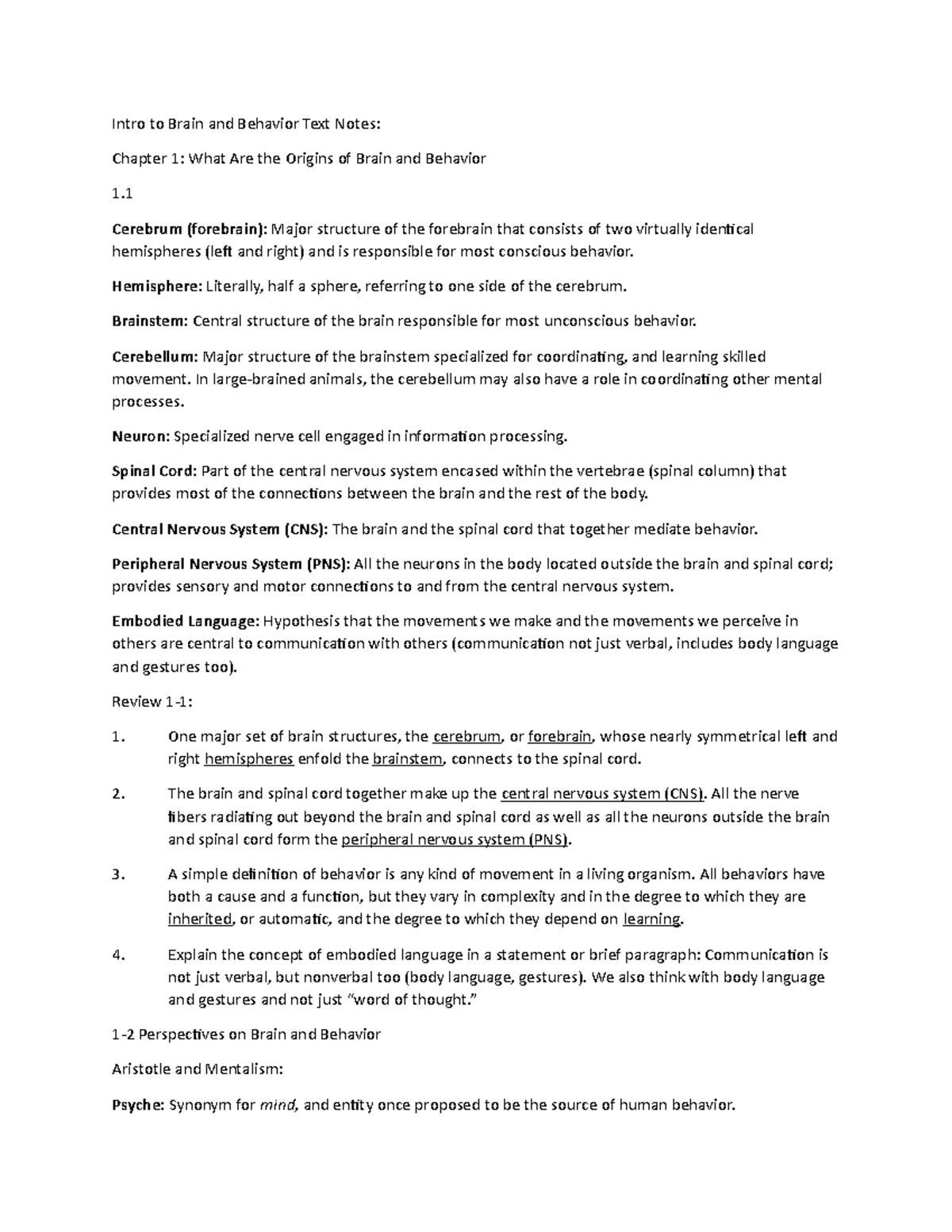 THE Brain Lecture notes 1 - Intro to Brain and Behavior Text Notes ...