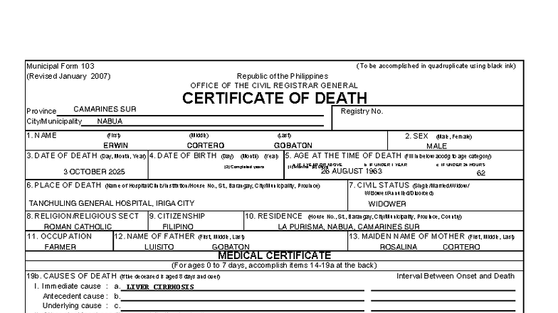 Certificate of Death - Municipal Form 103 (Revised 2007) - Studocu