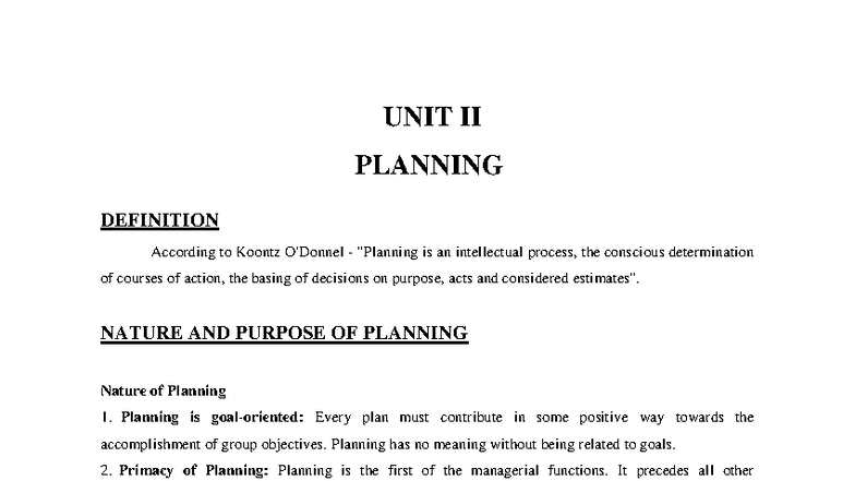 UNIT II - Planning: Definition, Nature, and Purpose of Planning - Studocu