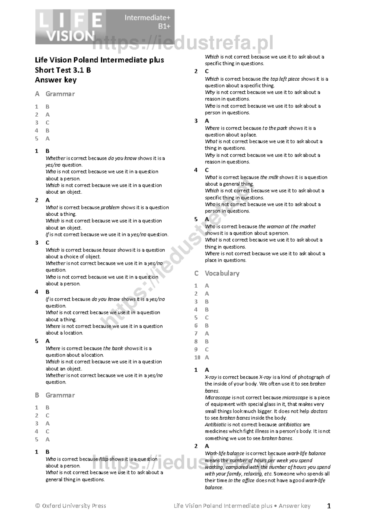 Life Vision Poland Intermediate Plus Short Test 3.1 B Answer Key - Studocu