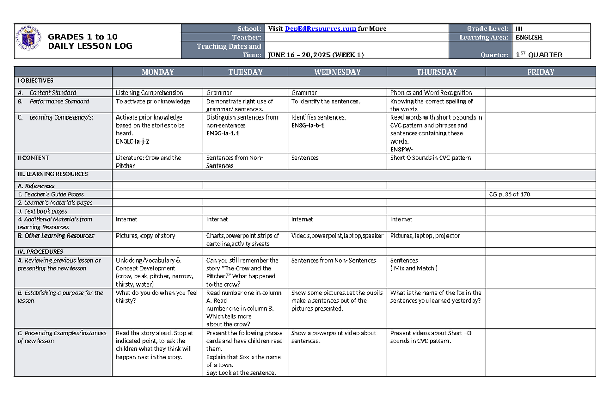 DLL English 3 Q1 W1: Daily Lesson Log for Grades 1-10 (June 16-20, 2025) - Studocu