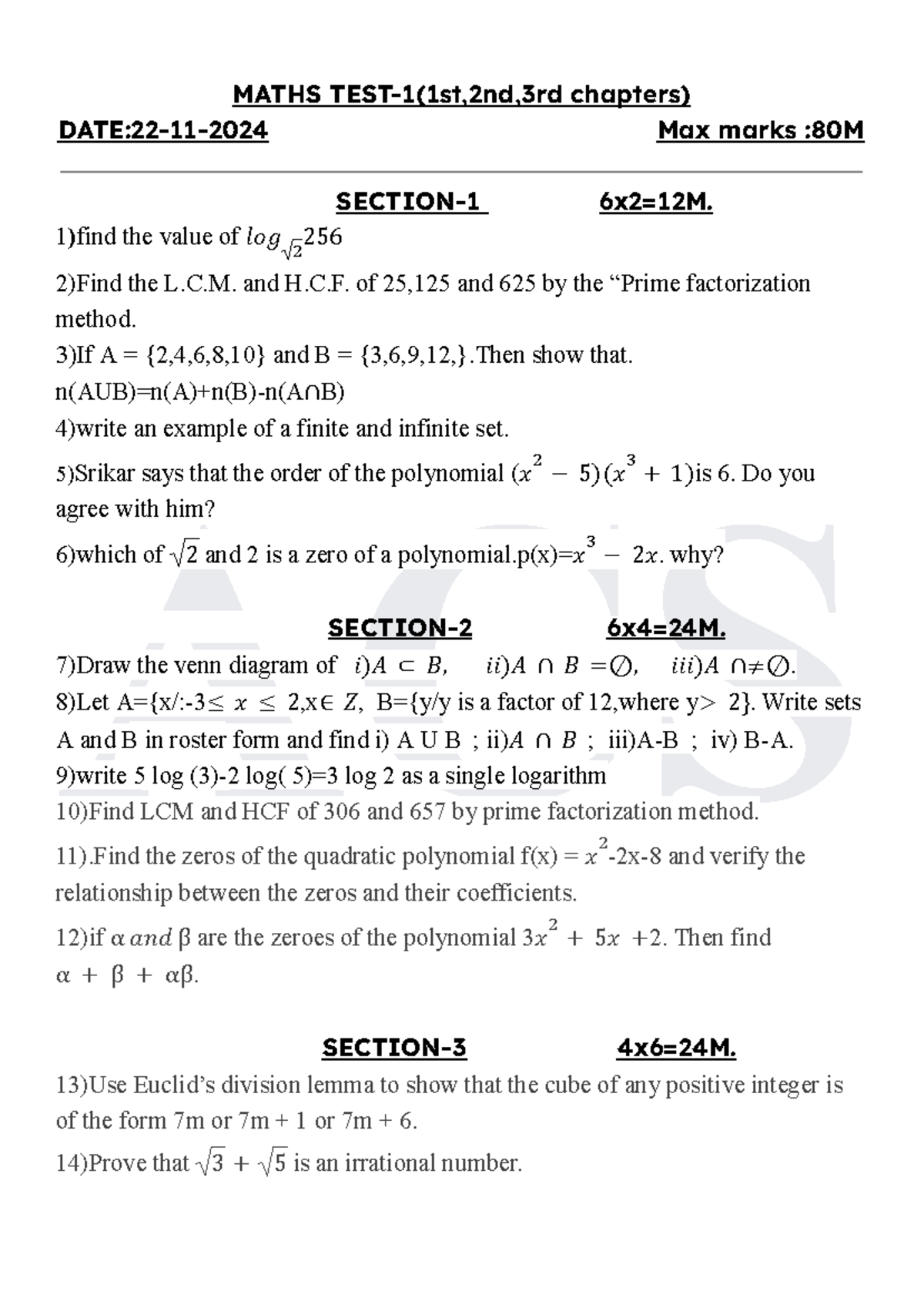 Maths ACS Test 1: Key Concepts and Problem Solving - Studocu