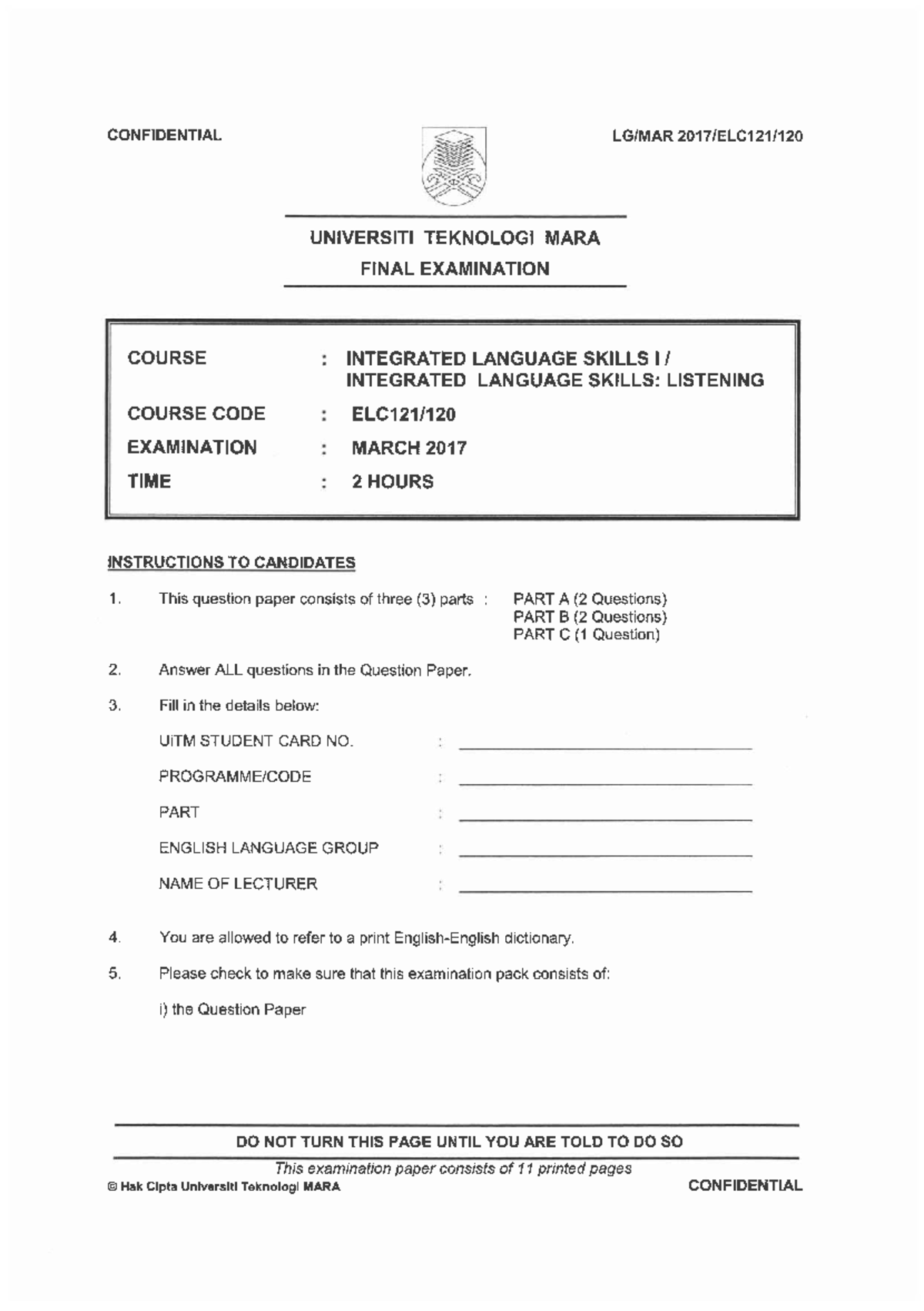 UiTM INTEGRATED LANGUAGE SKILLS I FINAL EXAMINATION MARCH 2017 - Studocu