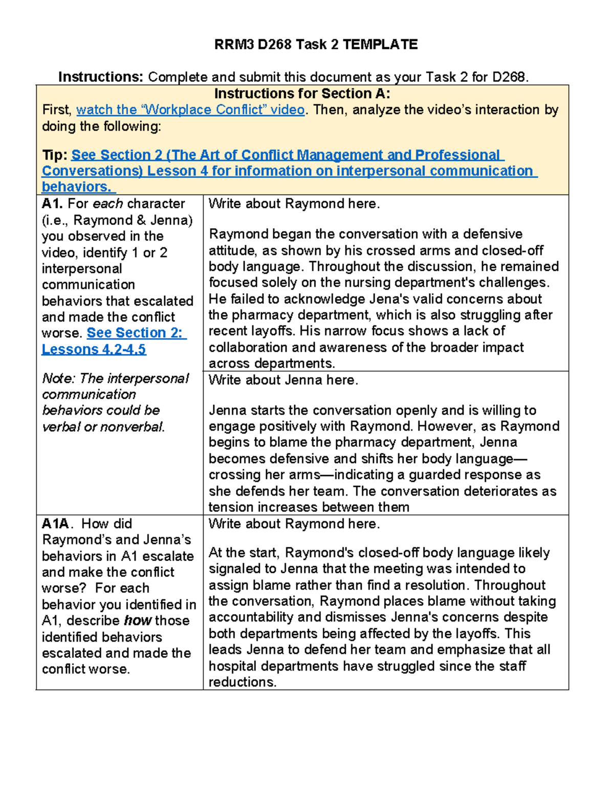 RRM3 D268 Task 2: Analyzing Interpersonal Conflict in Nursing - Studocu