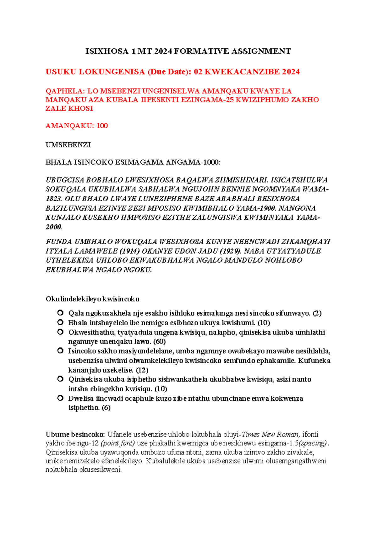 ISIXHOSA 1 MT 2024 FORMATIVE ASSIGNMENT: ISINCOKO SOKUBHALA - Studocu