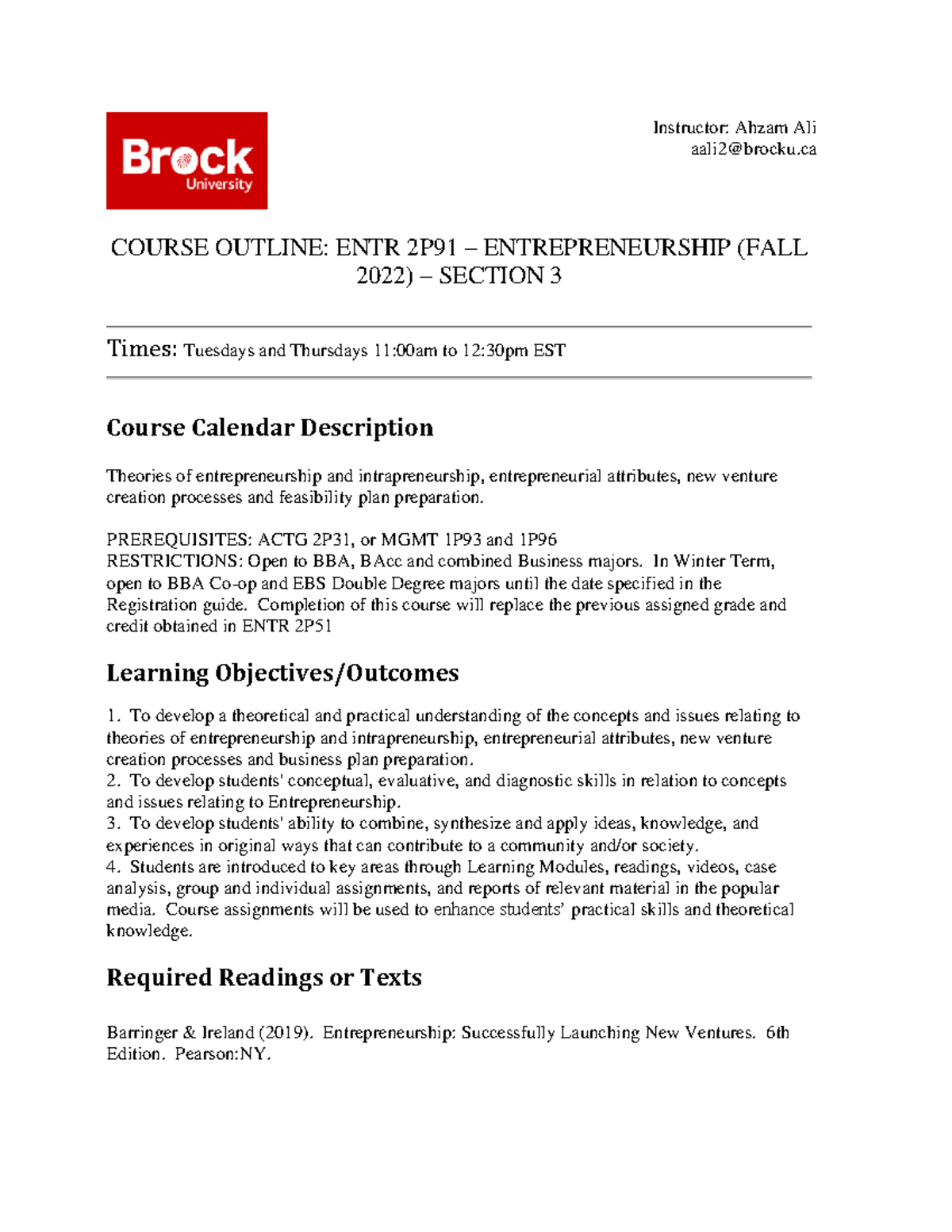 ENTR 2P91 - Detailed Course Outline for Entrepreneurship (Fall 2022 ...