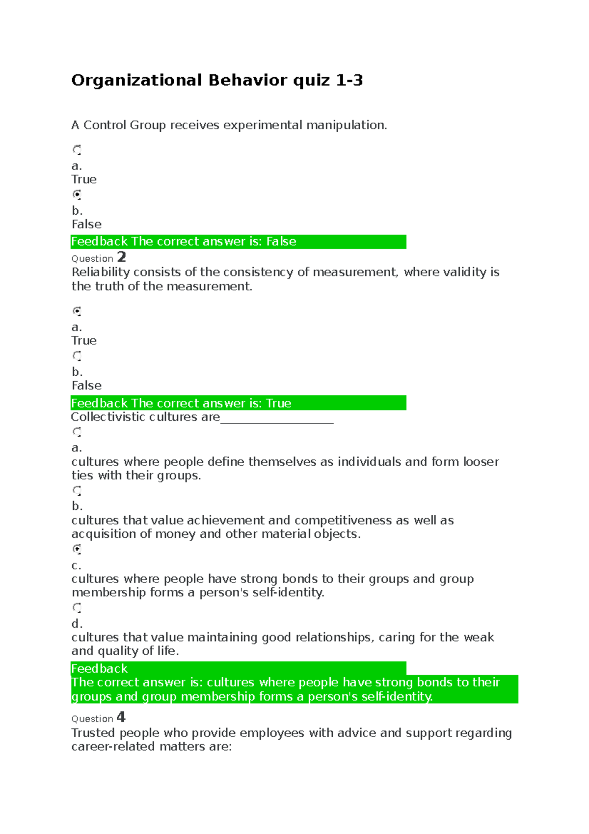 Organizational Behavior Quiz 1 Review and Answer Key - Studocu