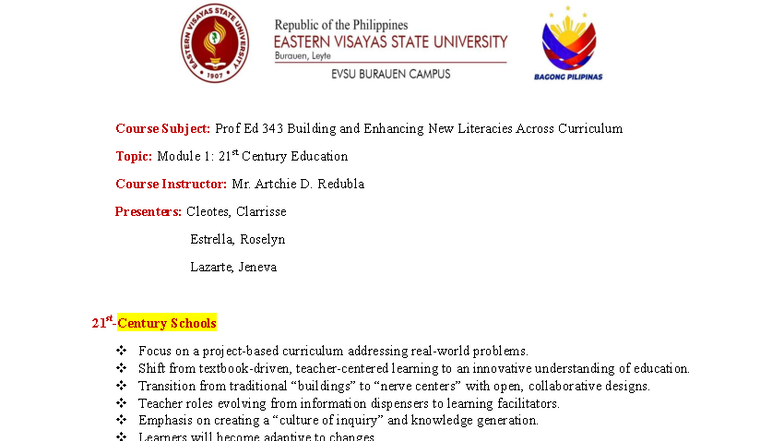 Prof Ed 343: Module 1 - 21st Century Education Overview - Studocu