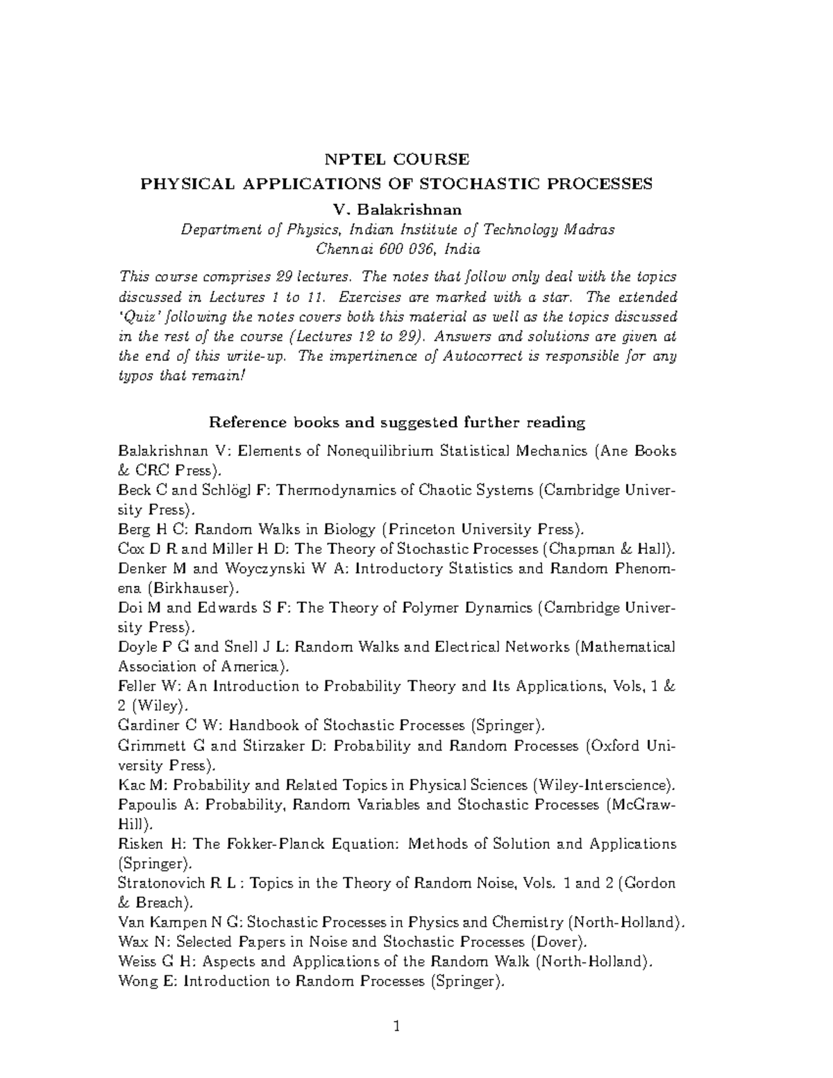 NPTEL PHYSICAL APPLICATIONS OF STOCHASTIC PROCESSES: LECTURES 1-11 ...