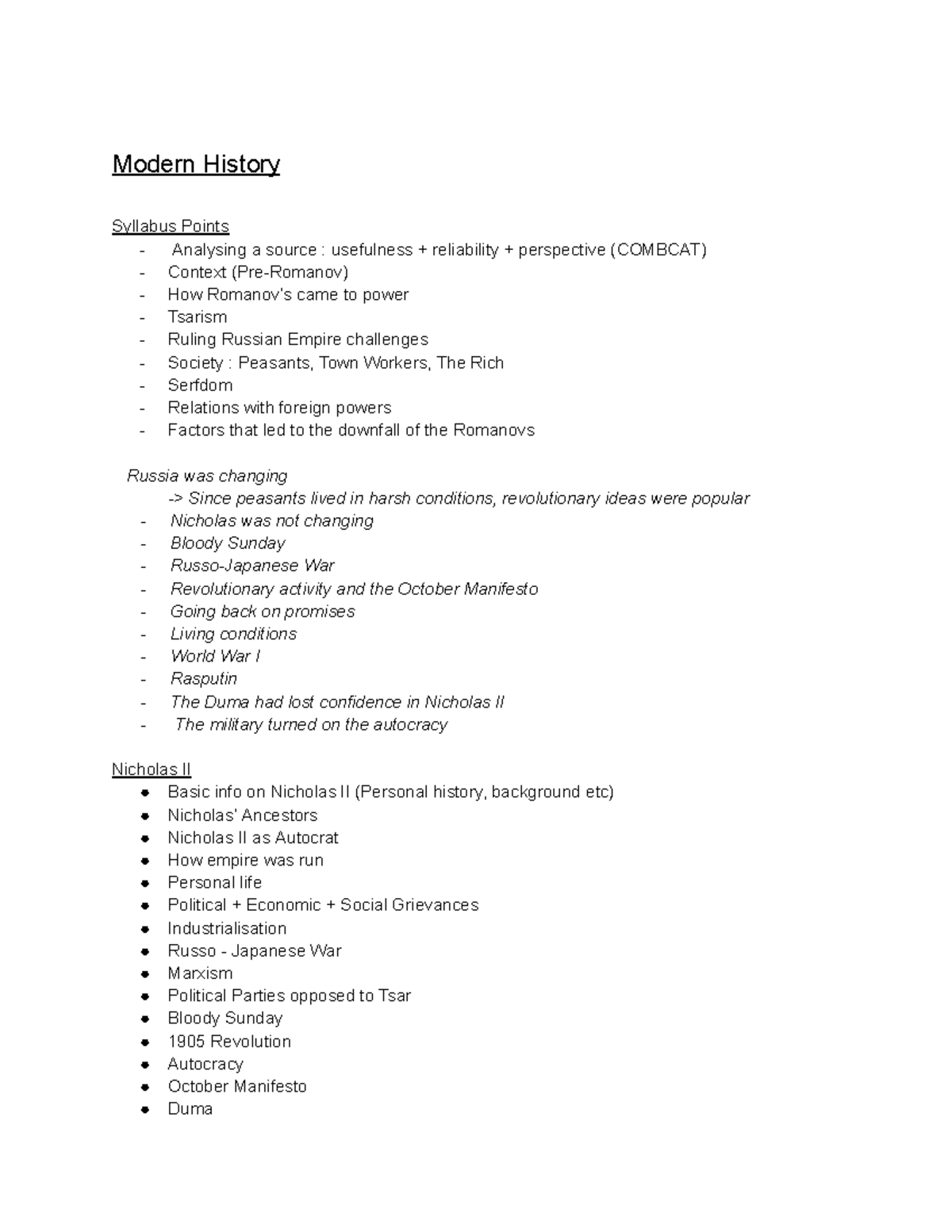 Tsar Russia Lecture Notes: Key Themes and Historical Analysis (COMBCAT ...