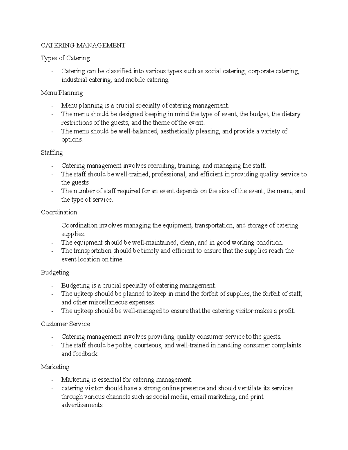 Catering Management Notes 2 - CATERING MANAGEMENT Types of Catering ...