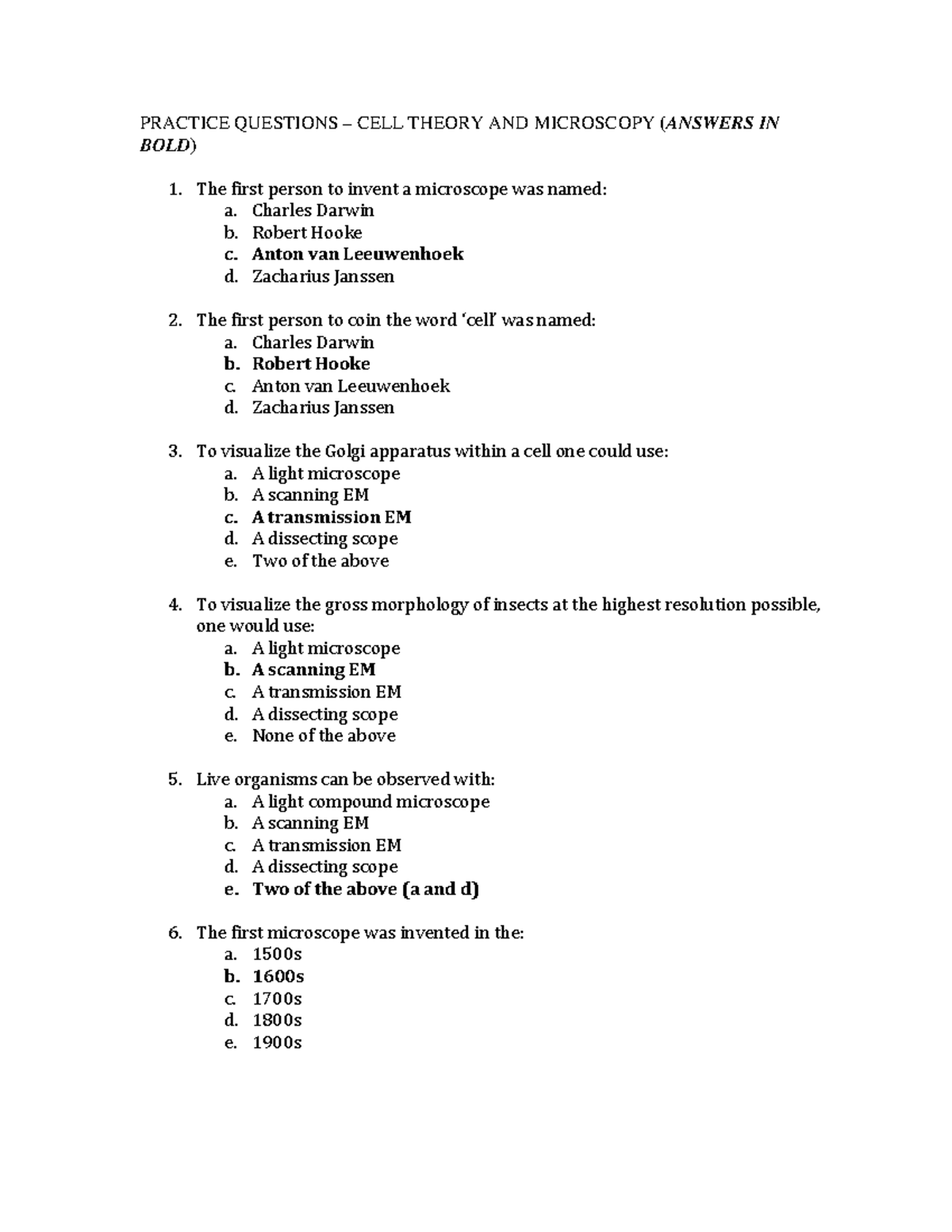 PRACTICE QUESTIONS: CELL THEORY & MICROSCOPY (ANSWERS BOLD) - Studocu