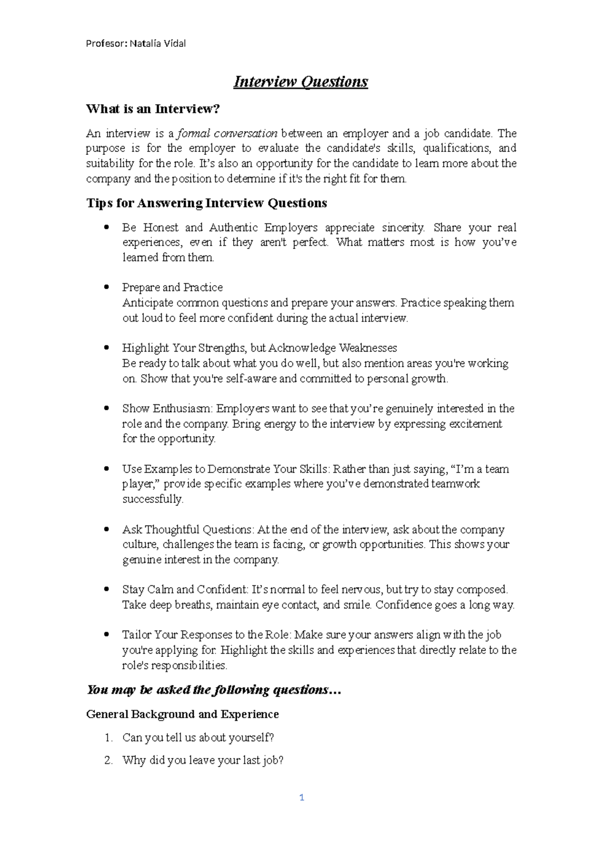 Interview Questions - Preparar Entrevista con Prof. Natalia Vidal - Studocu