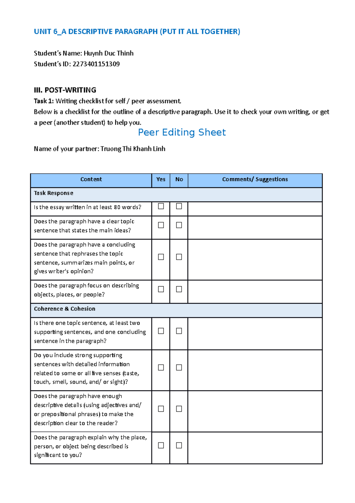 UNIT-6 Descriptive Paragraph Writing Checklist and Ideas - Studocu