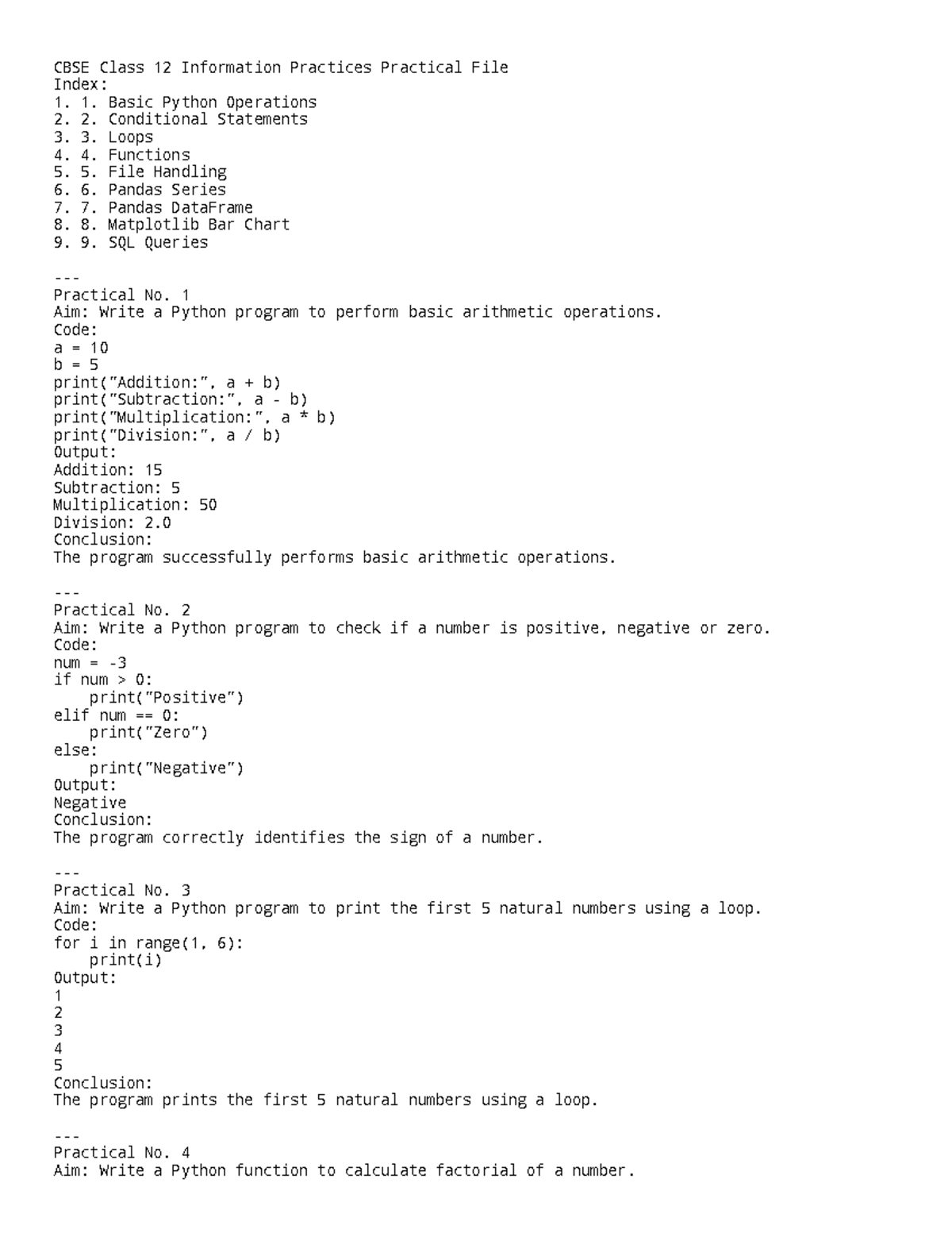 CBSE Class 12 Info Practices Practical File: Python & Pandas Code - Studocu