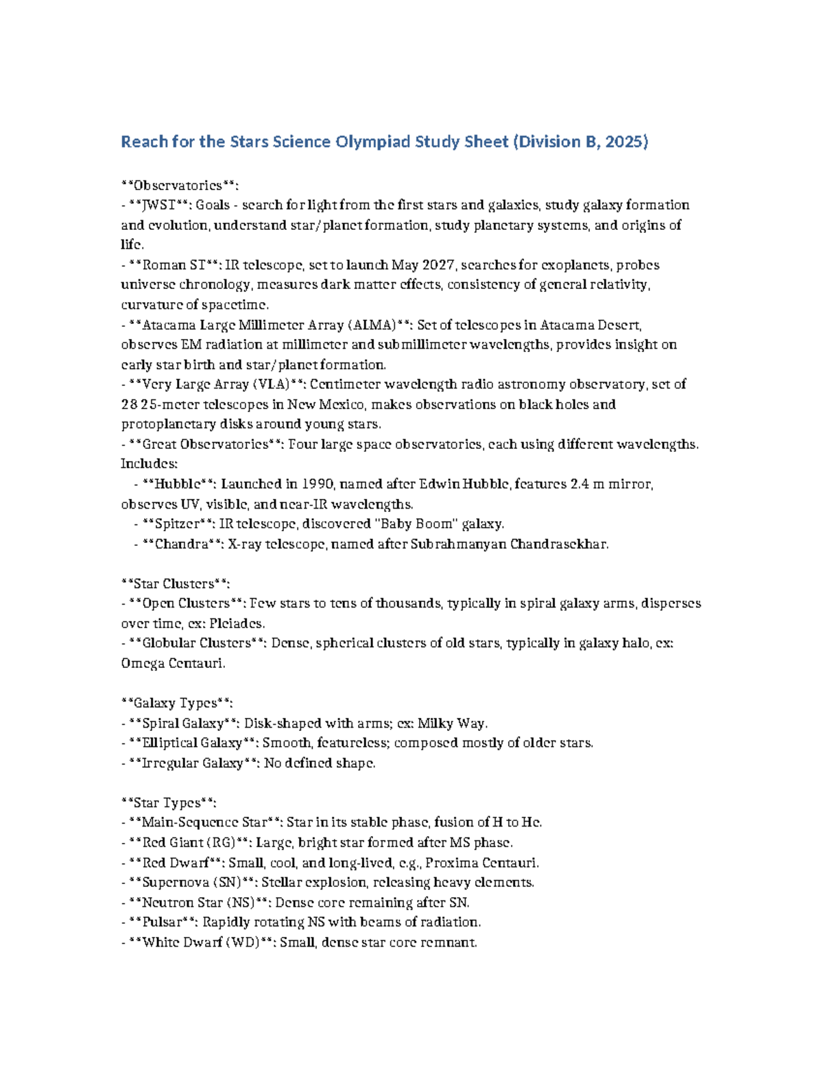 Science Olympiad Study Sheet: Astronomy & Observatories (Div B, 2025 ...