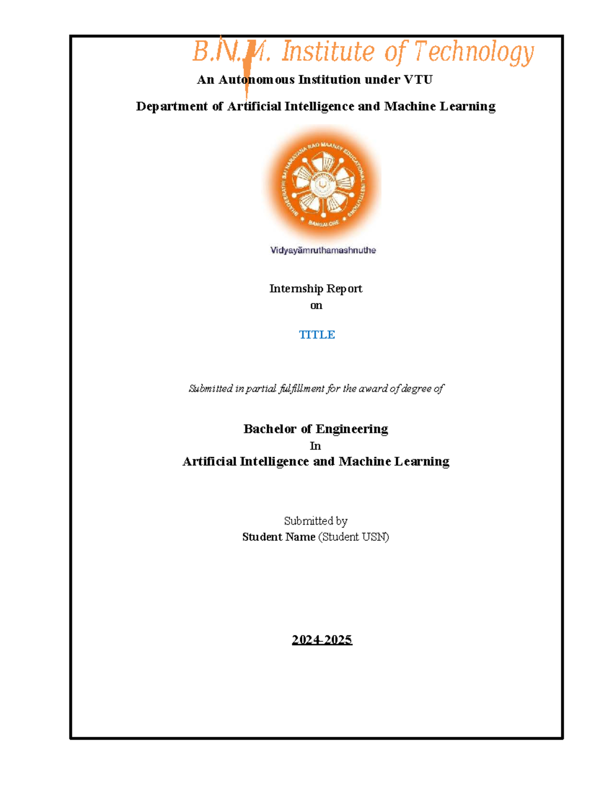 Internship Report Format for BE in AIML - VTU - Studocu