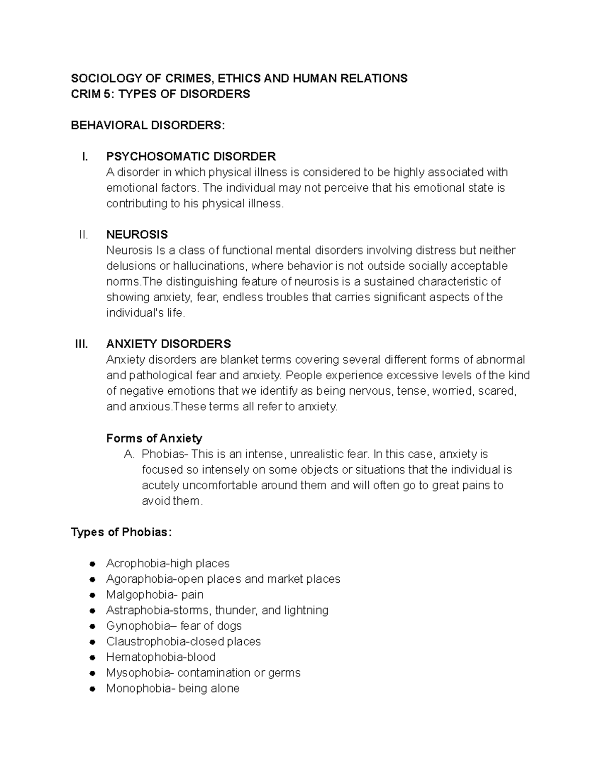 Behavioral Disorders - SOCIOLOGY OF CRIMES, ETHICS AND HUMAN RELATIONS ...