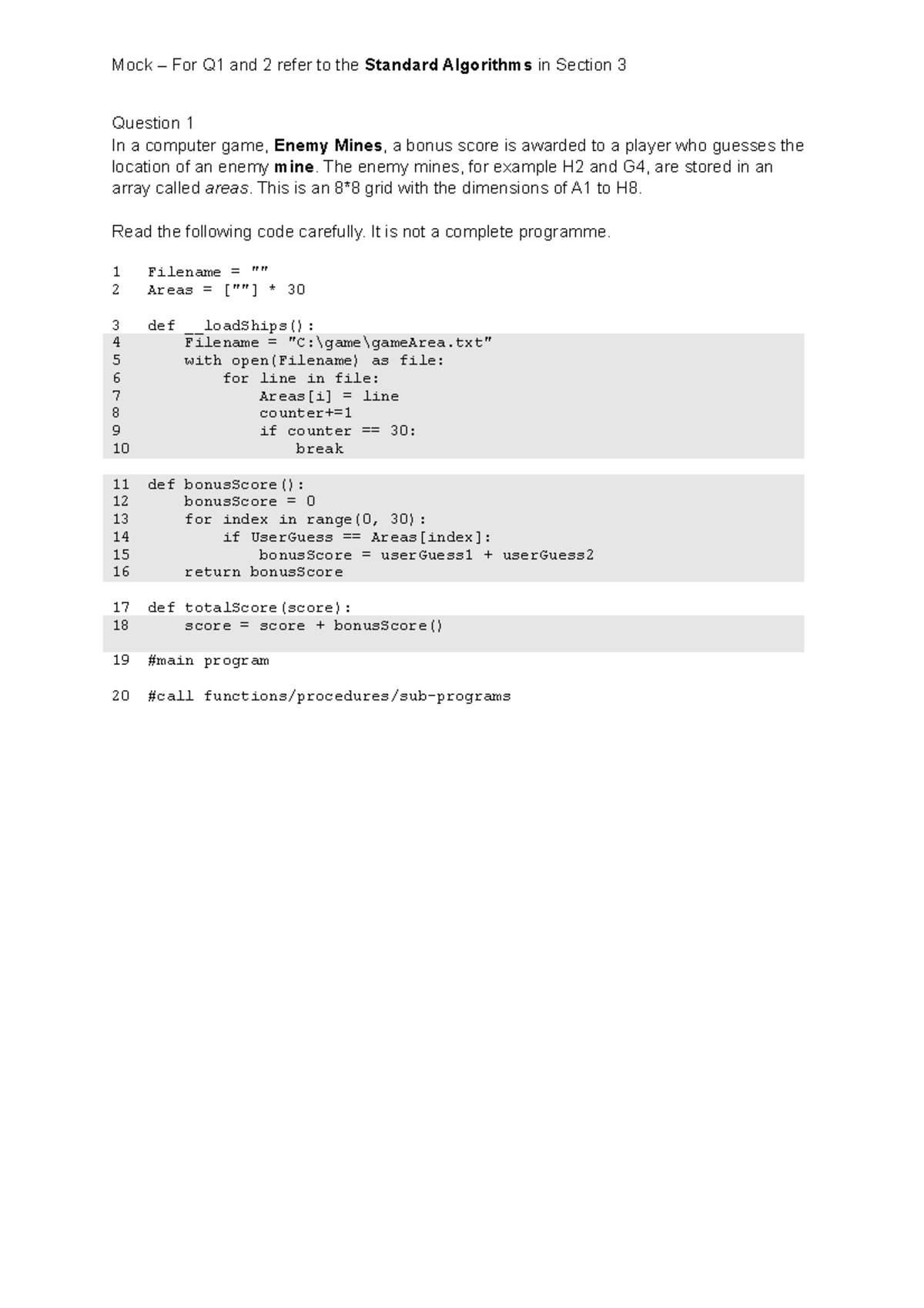 Python Mock Exam Outcomes: Analyzing Code Subprogram Functions - Studocu