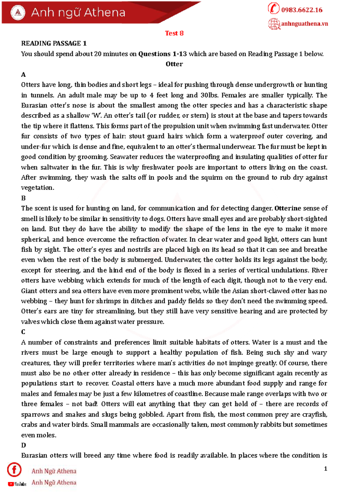 Reading Test 8: Otters and Bird Migration Insights - Studocu