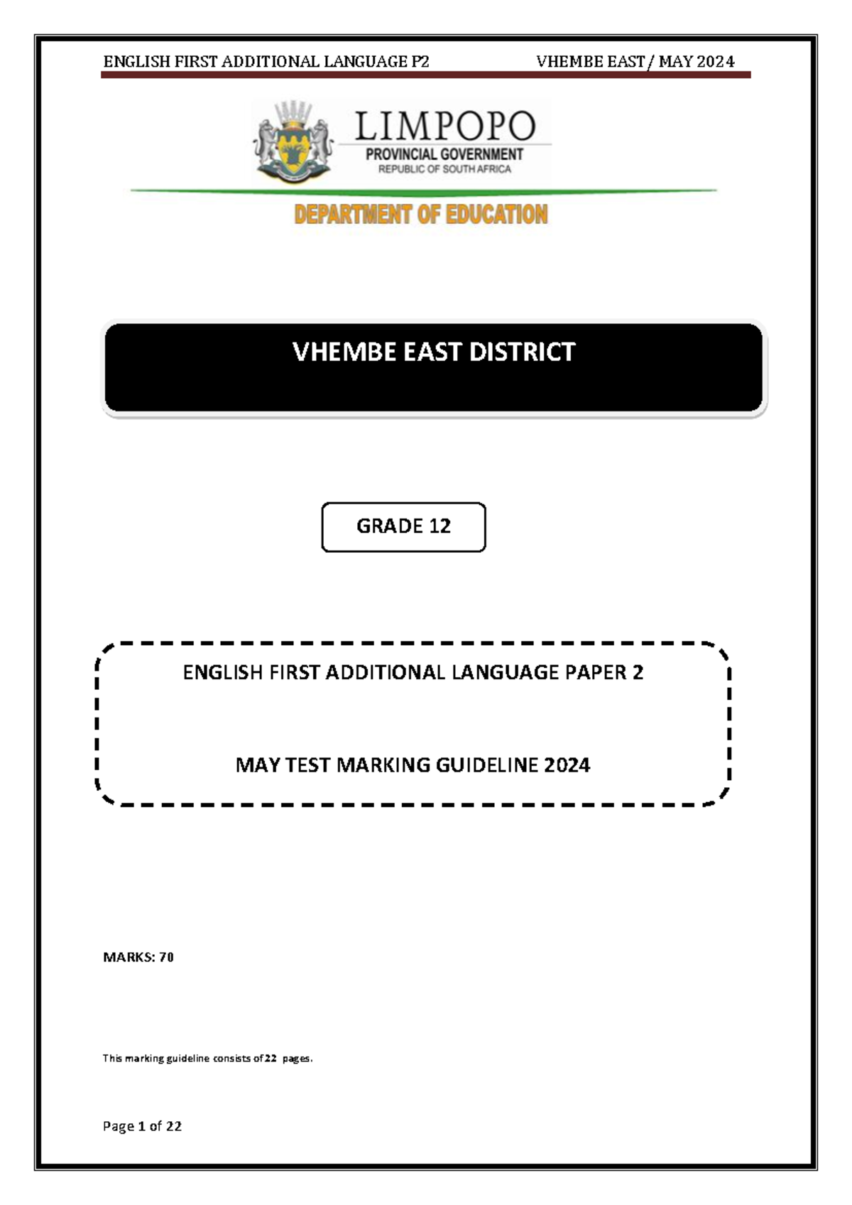 English FAL P2 May Test Memorandum Grade 12 2024 Assessment Guide - Studocu