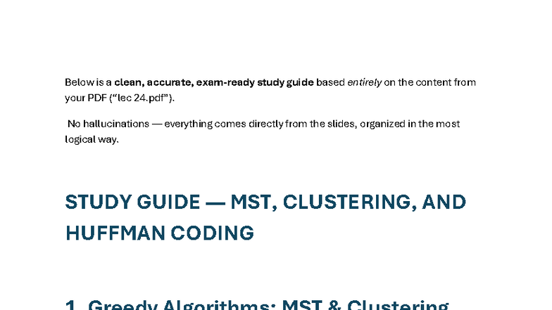 Study Guide: MST, Clustering & Huffman Coding (Course Code: MST) - Studocu