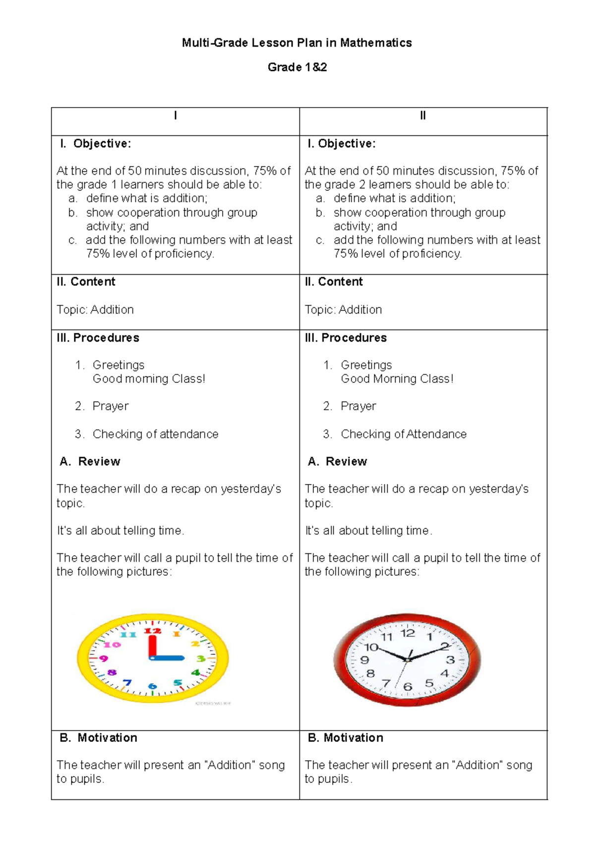 Math 1 & 2 Lesson Plan: Addition Activities for Multi-Grade - Studocu