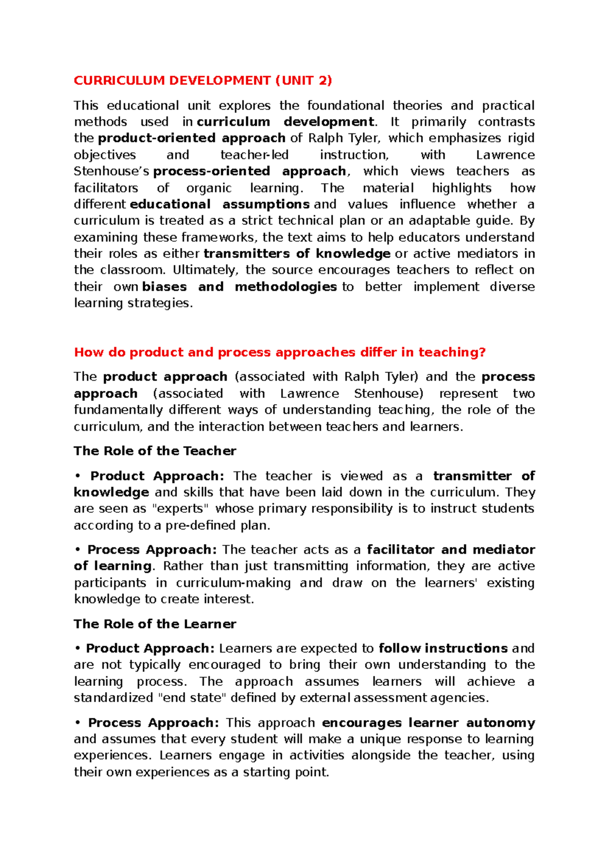 Curriculum Development Theories: Product vs. Process Approaches (Unit 2 ...