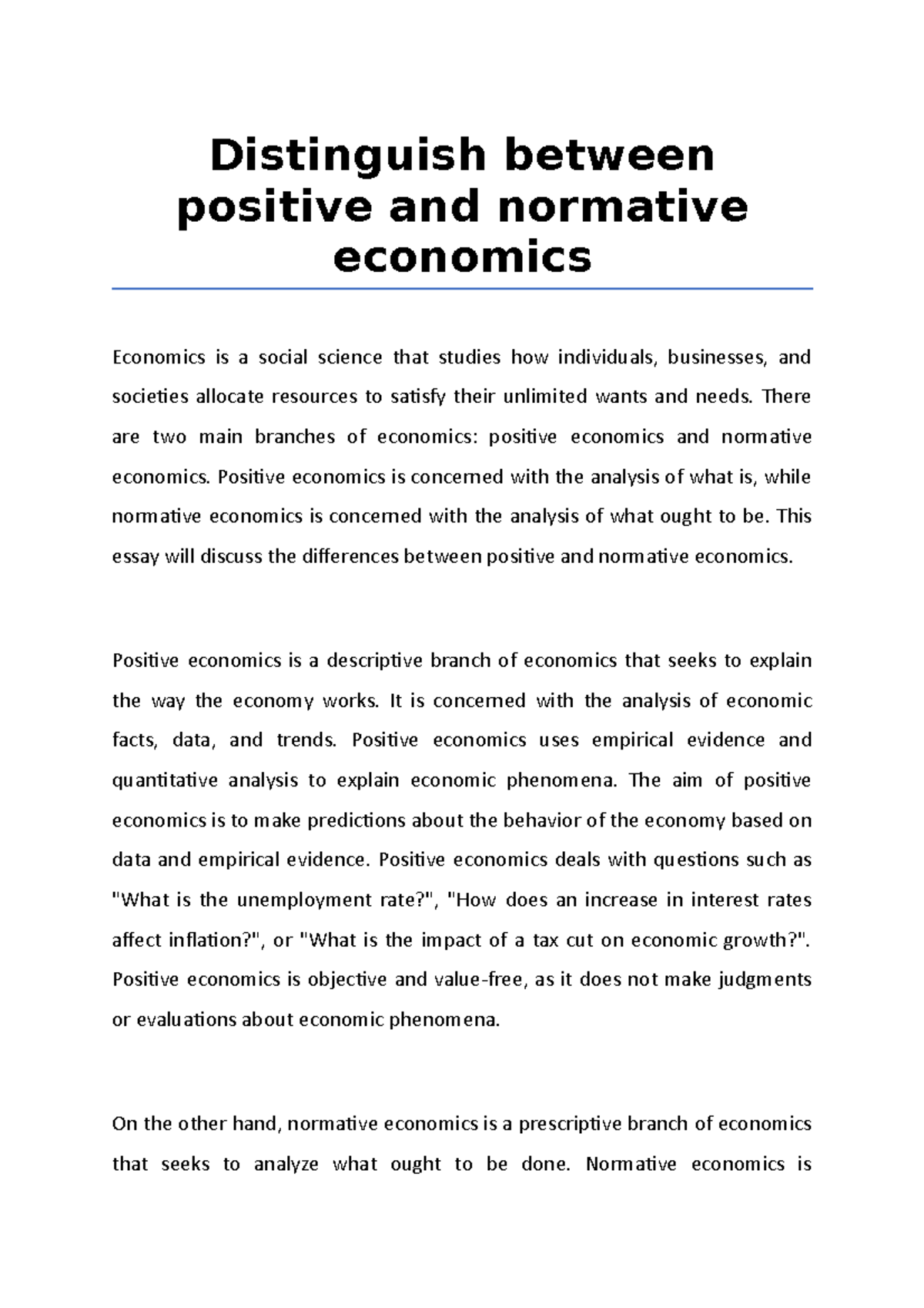 Distinguish between positive and normative economics - Distinguish ...
