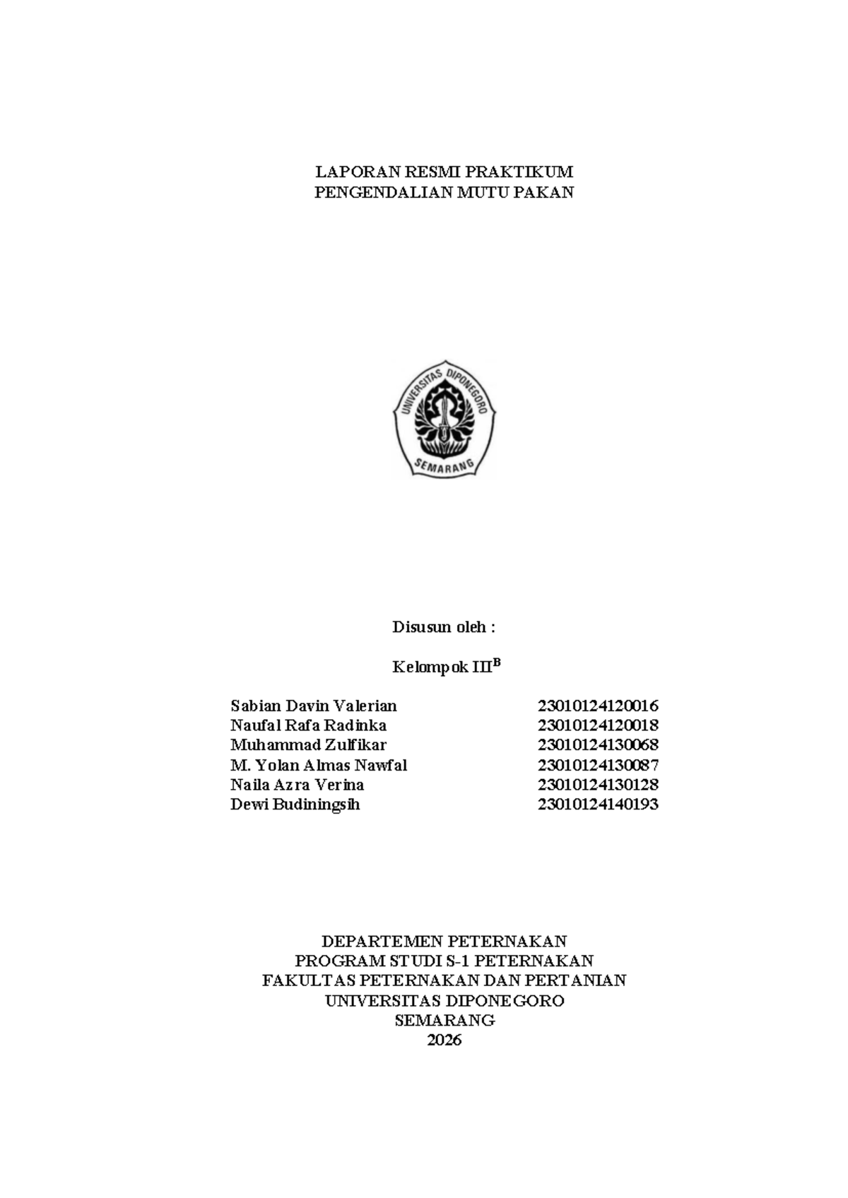 Laporan Resmi Praktikum Pengendalian Mutu Pakan (PMP) 2026 - Studocu