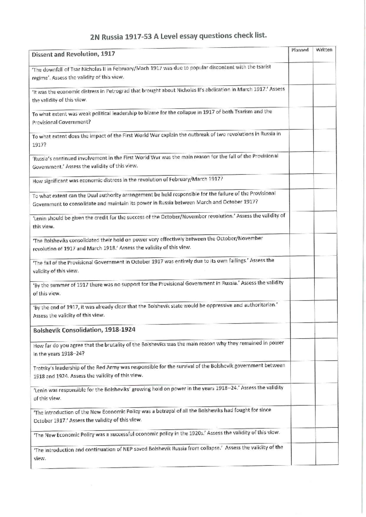 A Level Russia Essay Questions Checklist: Dissent & Revolution - Studocu