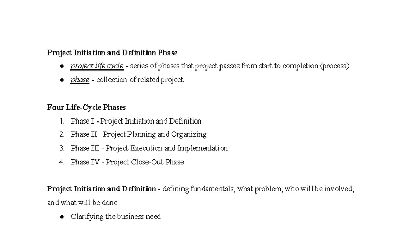 Phase I - Project Initiation and Definition Overview (PMP 101) - Studocu