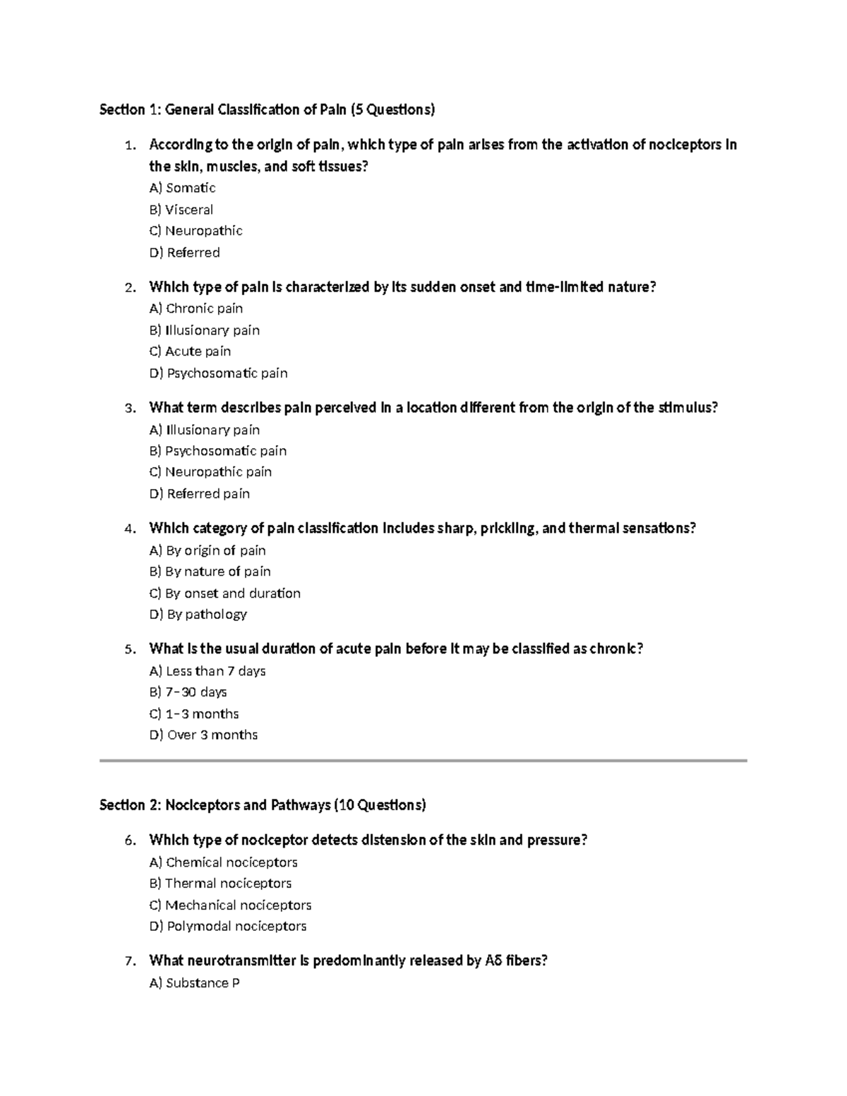 Pain Management (Course Code: PM101) - Comprehensive Question Set - Studocu