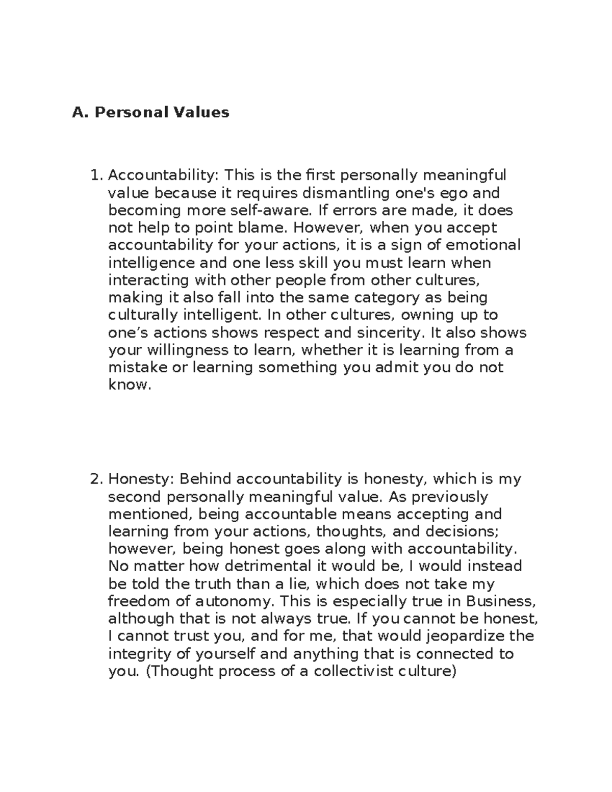D082 Task 2 - CI Scenario - A. Personal Values 1. Accountability: This ...