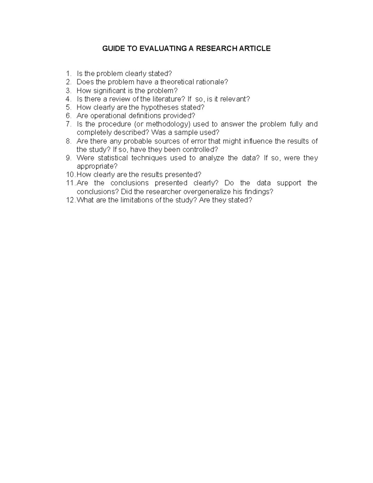 GUIDE TO EVALUATING A RESEARCH ARTICLE: KEY QUESTIONS - Studocu