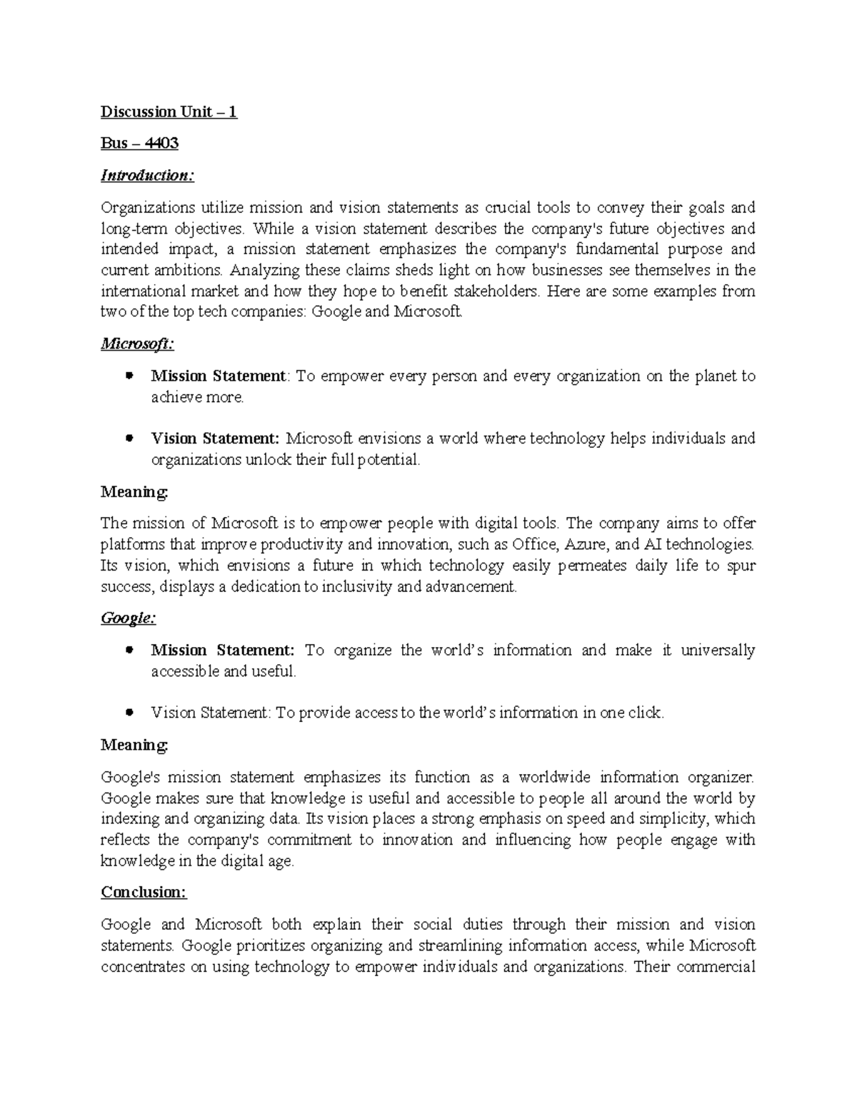 Discussion Assignment: Mission & Vision Analysis in Bus 4403 - Studocu