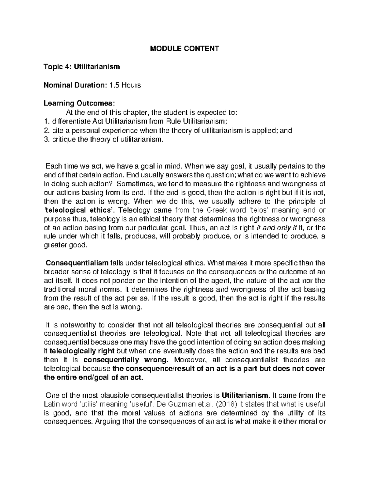 GEC 7 Chapter IV Topic 4 - module - MODULE CONTENT Topic 4: Utilitarianism Nominal Duration: 1 ...