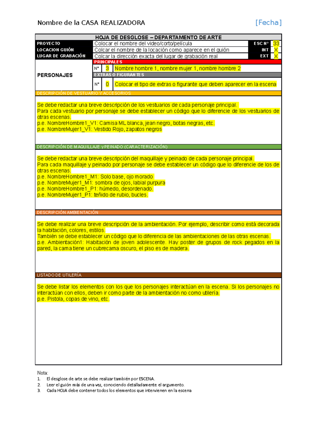 Desglose de Arte para Proyecto ESC N° 33 - Guión y Caracterización ...
