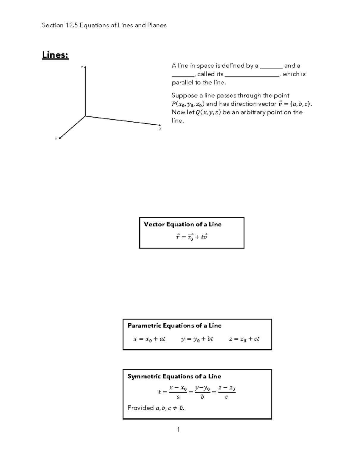 Section 12.5: Equations of Lines and Planes - Detailed Study Guide ...